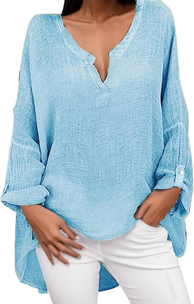 Womens Linen Cotton Crinkle Gauze Shirts for Women Summer 3/4 Sleeve ...