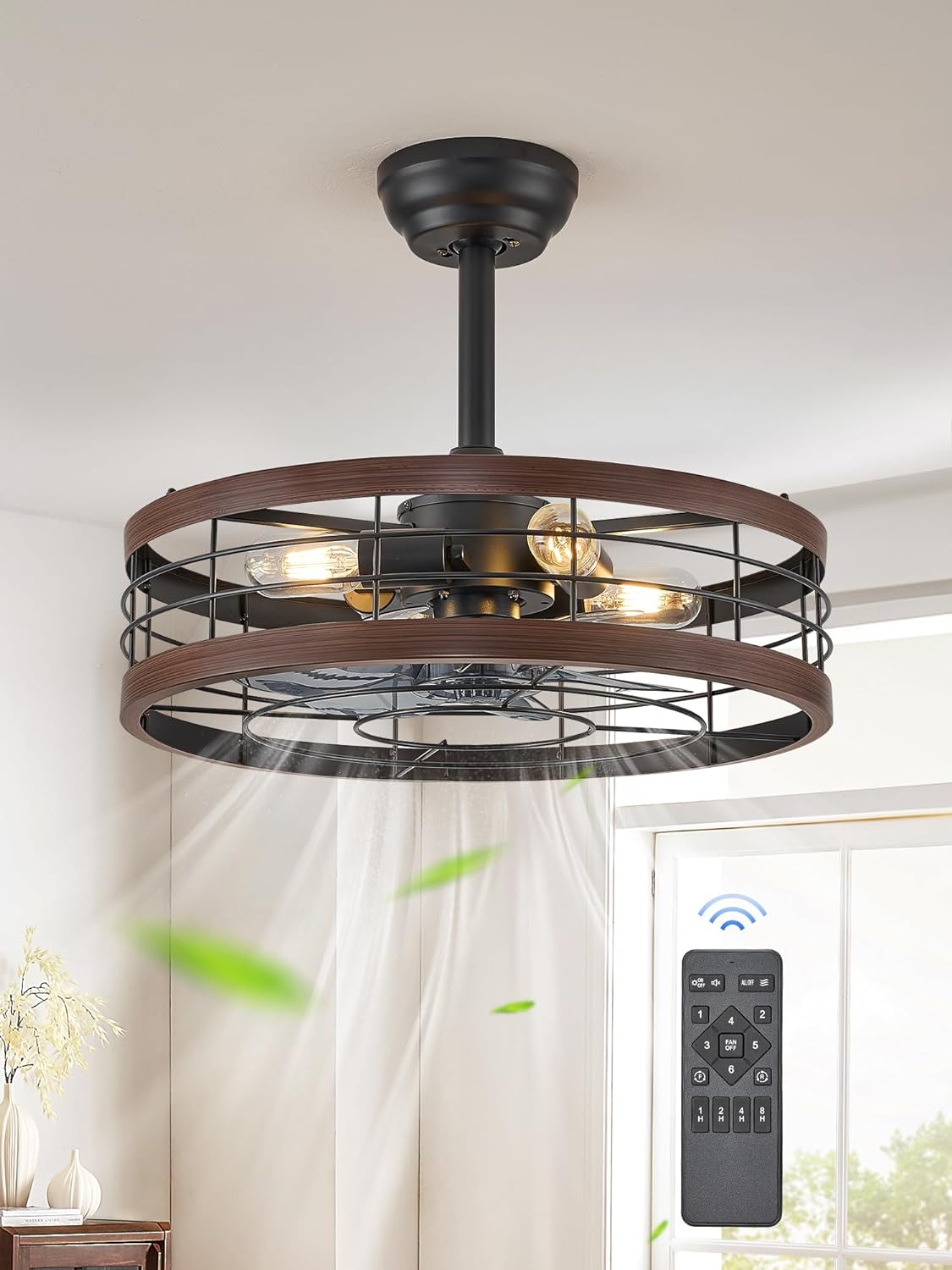 LEDIARY 20 inch Fandelier Caged Ceiling Fan with Light, Bladeless ...