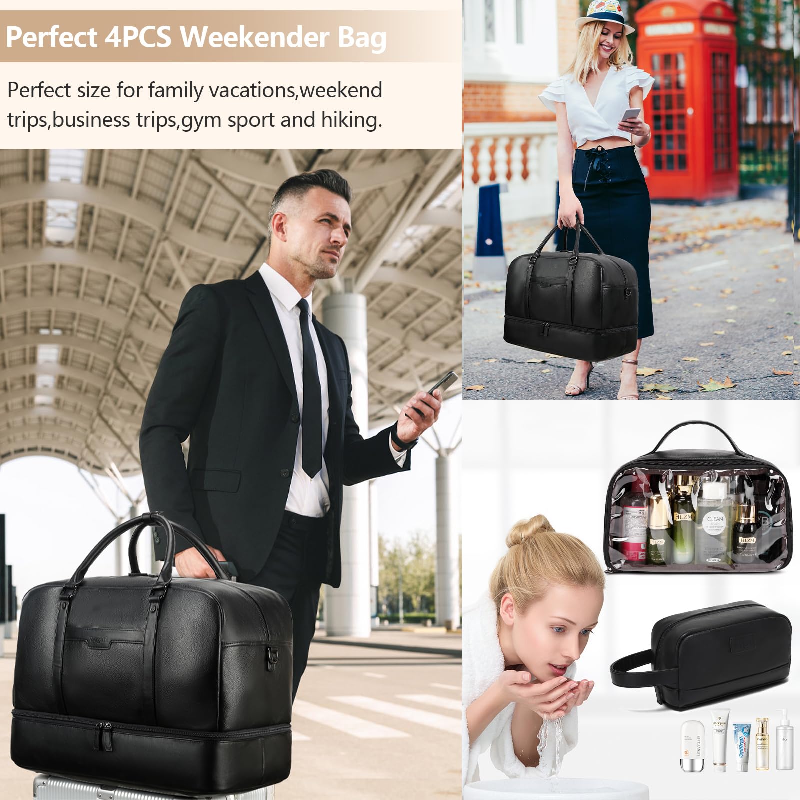 Wogarl 4PCS Leather Weekender Bag for Women Men Large Overnight Bag ...