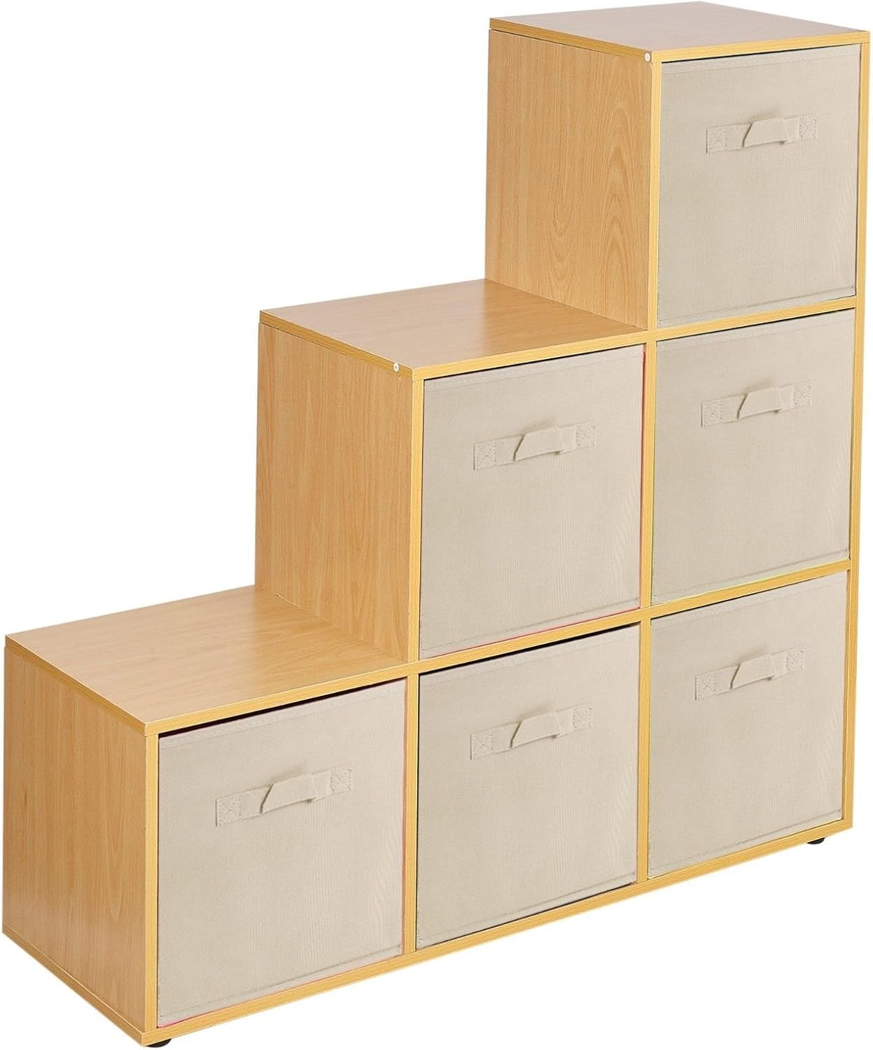 URBNLIVING 6 Cube Beech Step Storage Shelf Unit & 6 Beige Drawers ...