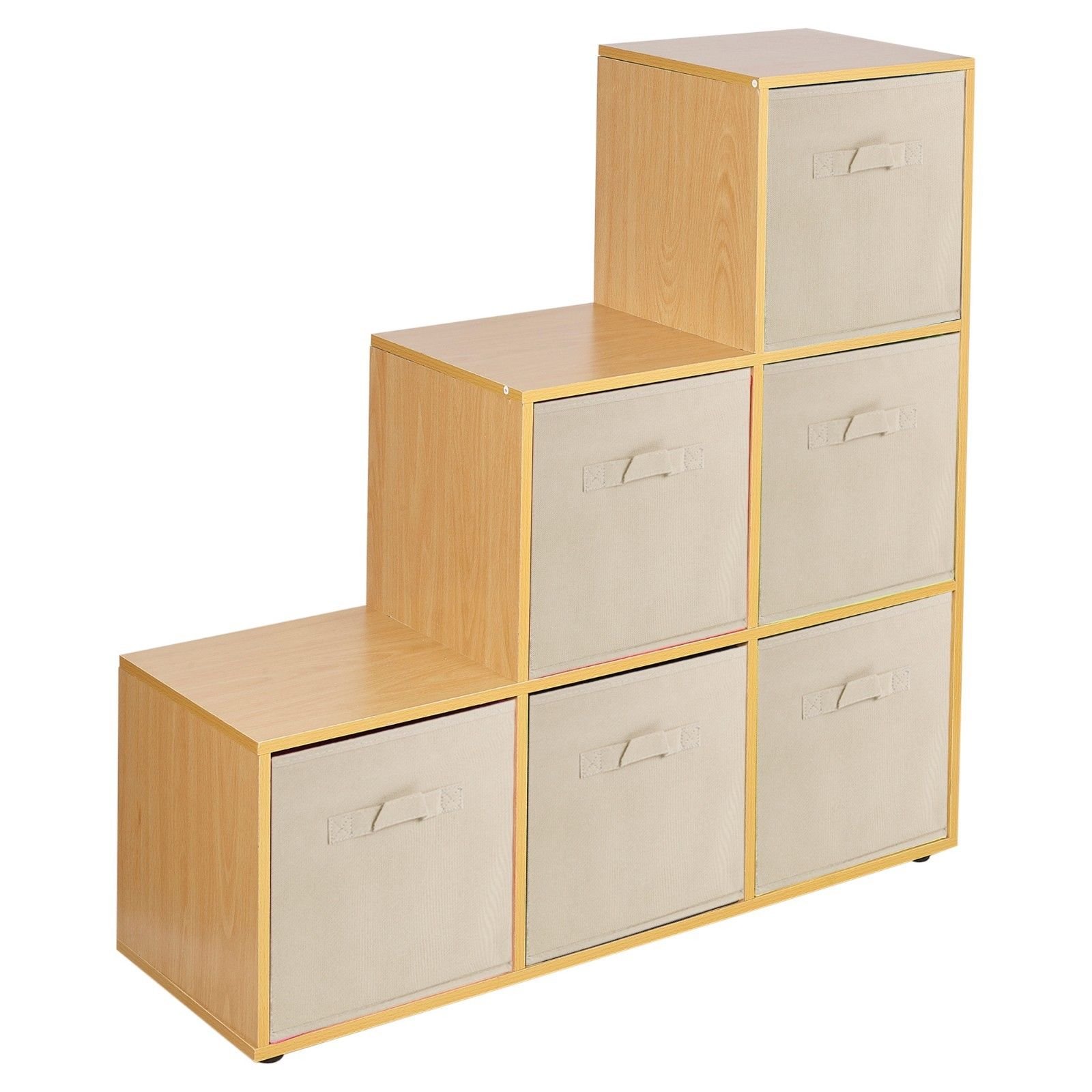 URBNLIVING 6 Cube Beech Step Storage Shelf Unit & 6 Beige Drawers ...