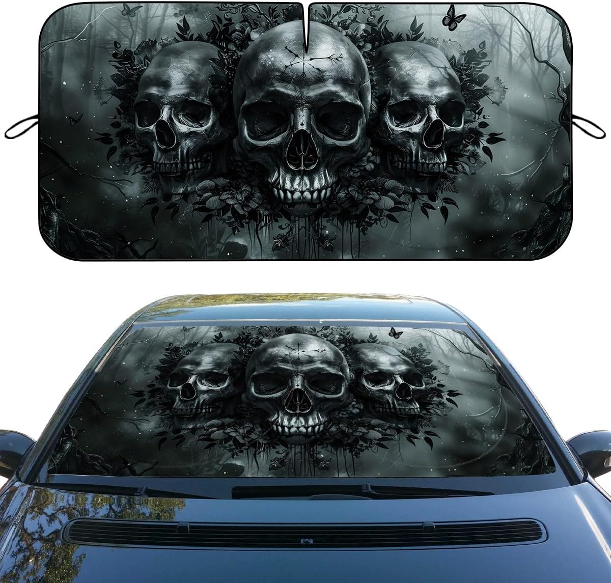 Amazon.com: Skull Car Windshield Sun Shade Skeleton Black Forest Art ...