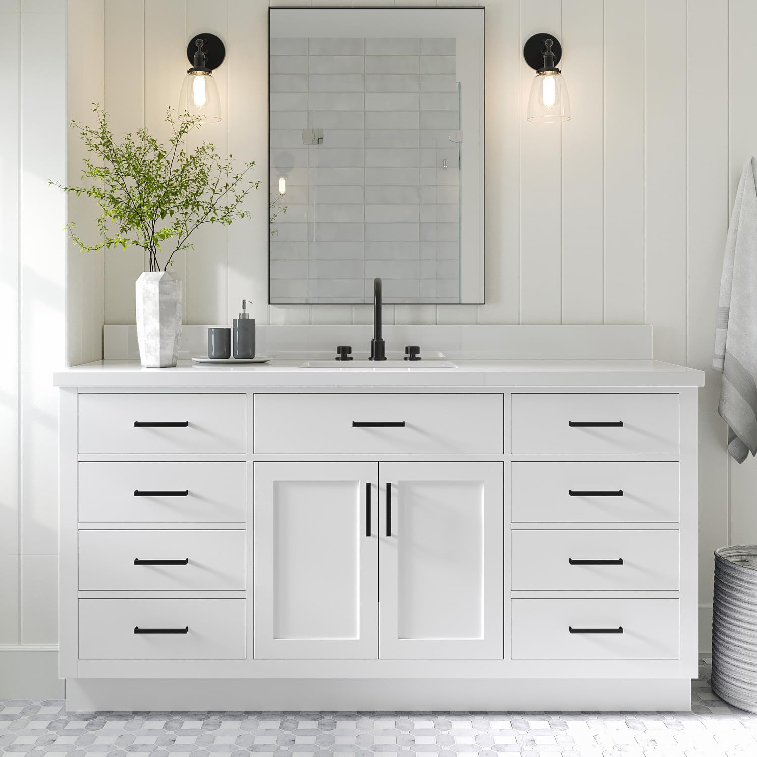 Amazon.com: ARIEL 67" White Bathroom Vanity, 1.5" Edge Pure White ...