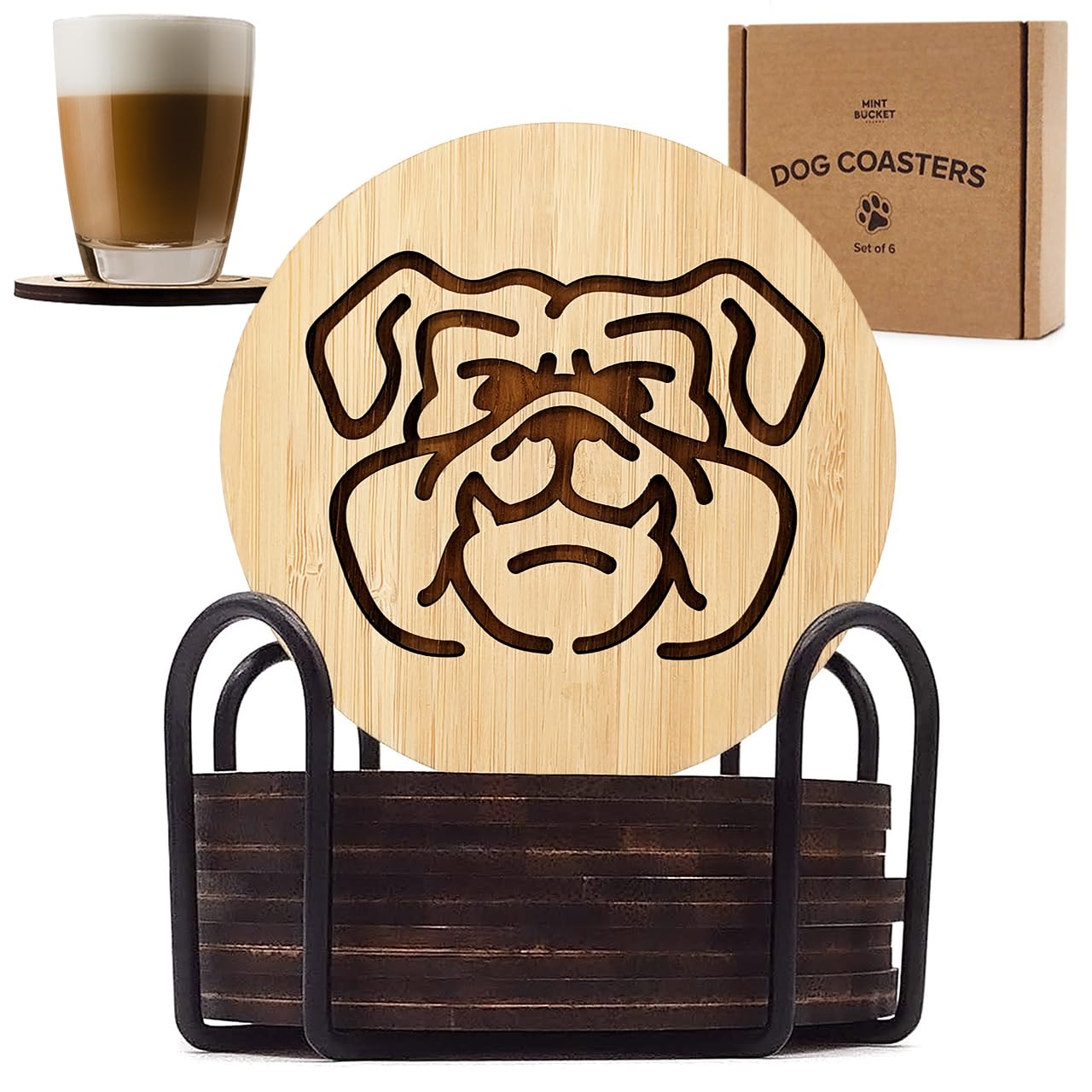 Amazon.com: Set of 6 Bamboo Coasters with Holder - 3.9" Fun Dog ...