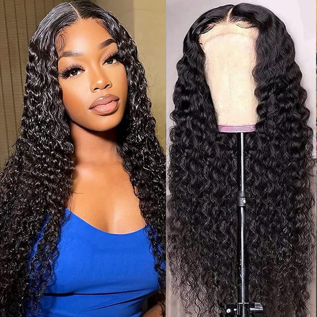 Pelucas de encaje frontal de cabello humano ondulado profundo 13×4 ...