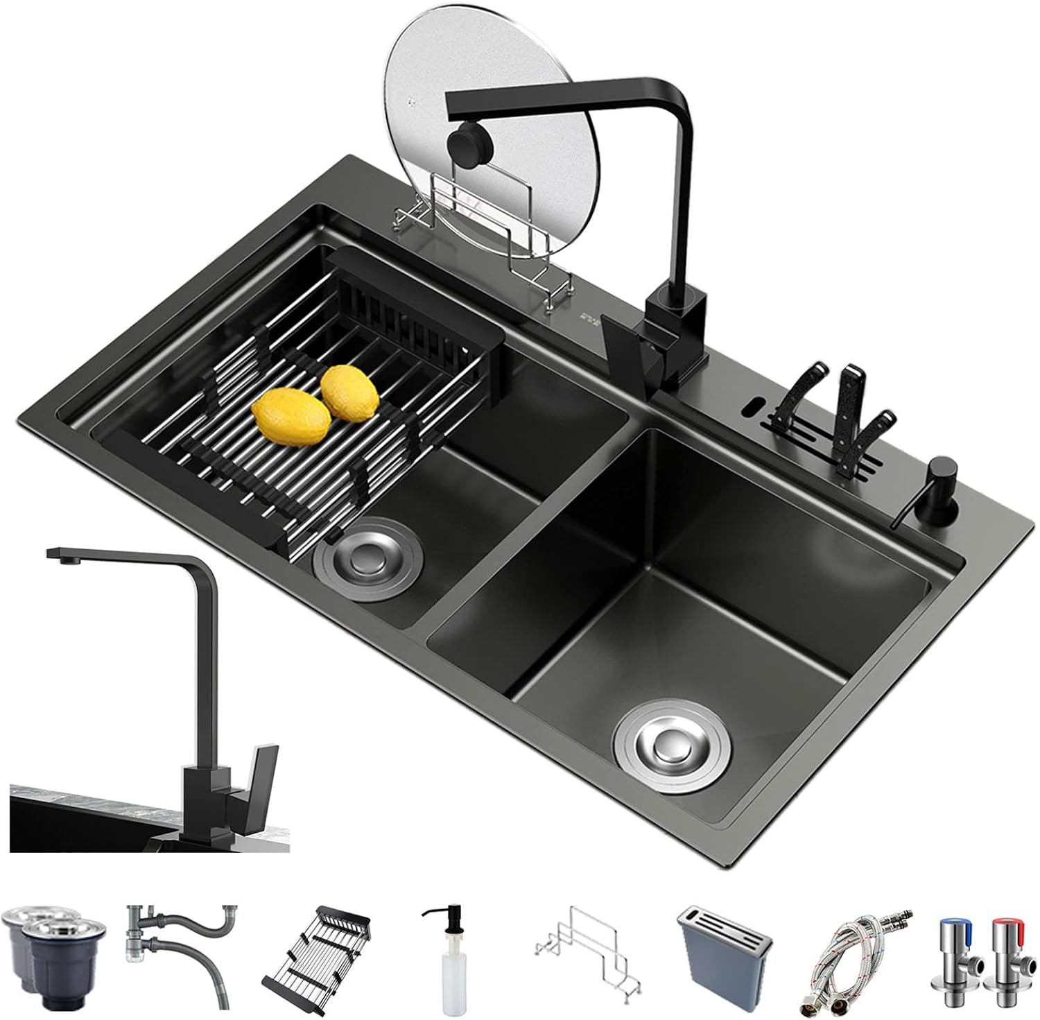 ANSNOW Double Bowl Kitchen Sink Set, Black Stainless Steel Kitchen Sink ...