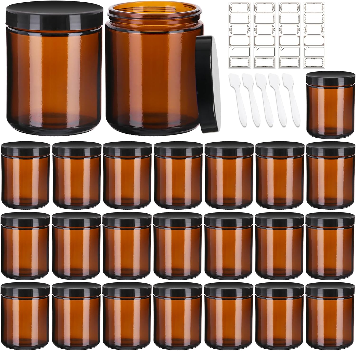 Amazon.com: CAKKVDE 24 Pack 8 oz Amber Glass Jars with Black Lids ...