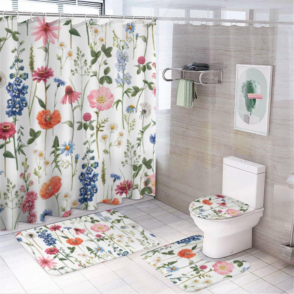 Amazon.com: Vantaso Floral Watercolor Field Wild Flowers Shower Curtain ...