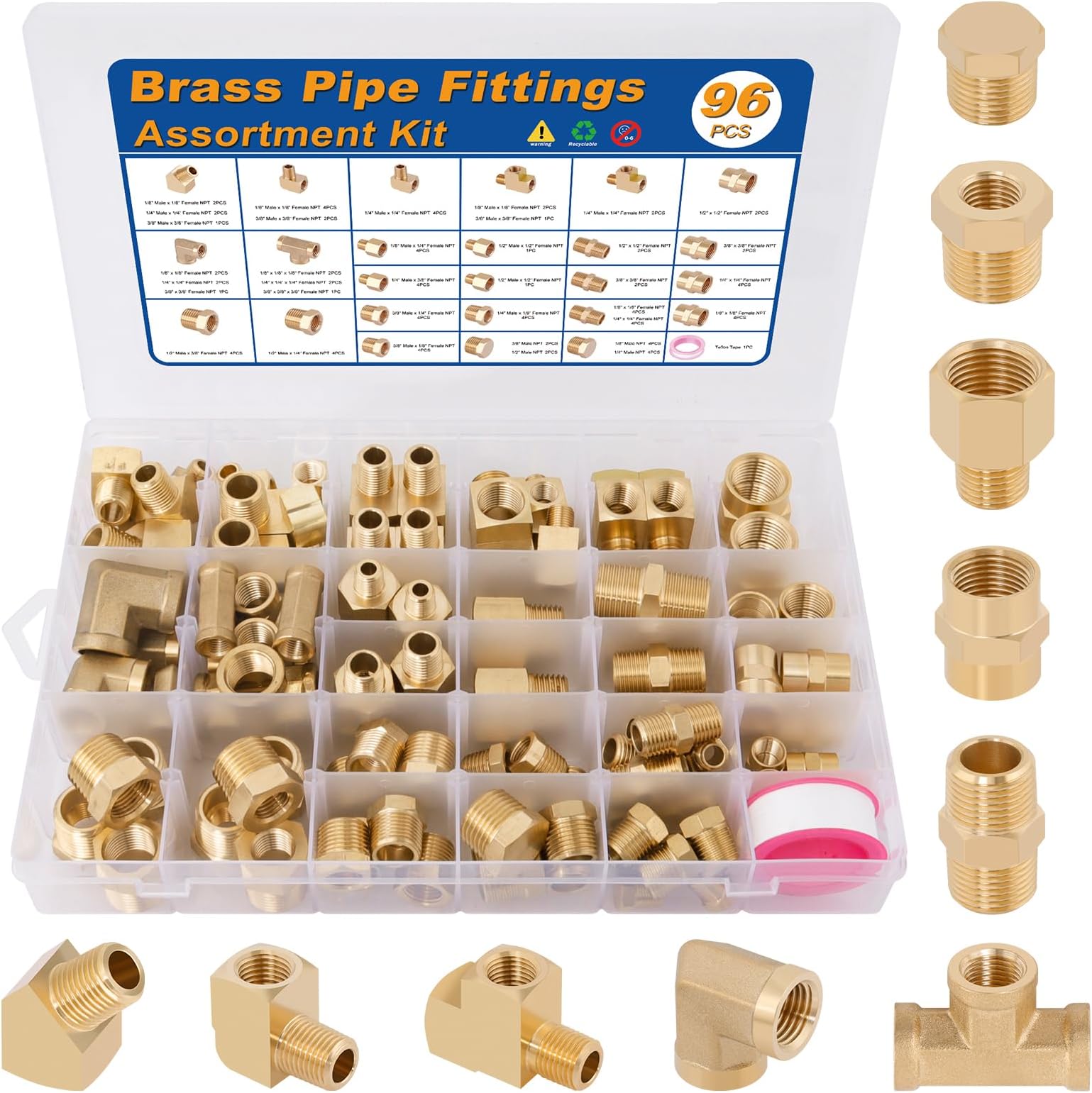 Amazon.com: Ailbiuko 98PCS Brass Pipe Fittings Assortment Kit NPT ...