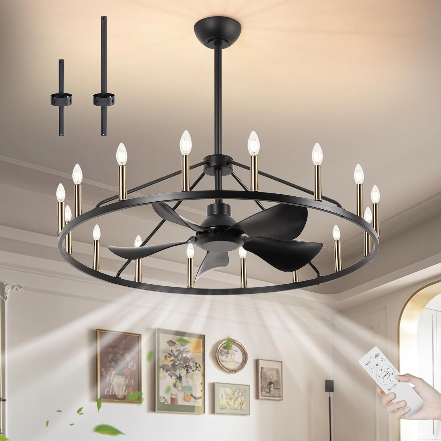 42 inch Black and Gold Wagon Wheel Chandelier with Fan, 16-Lights Round ...