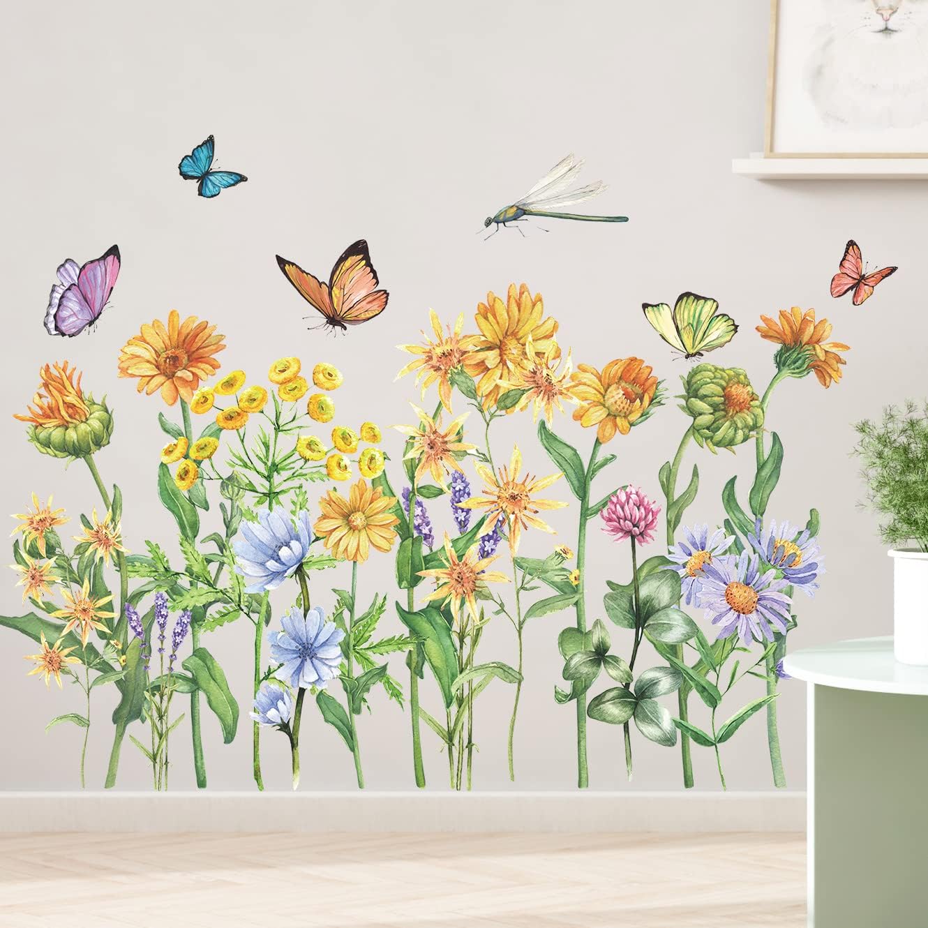 Amazon.com: Buiory Removable Flowers Wall Decals Floral Butterfly Wall ...