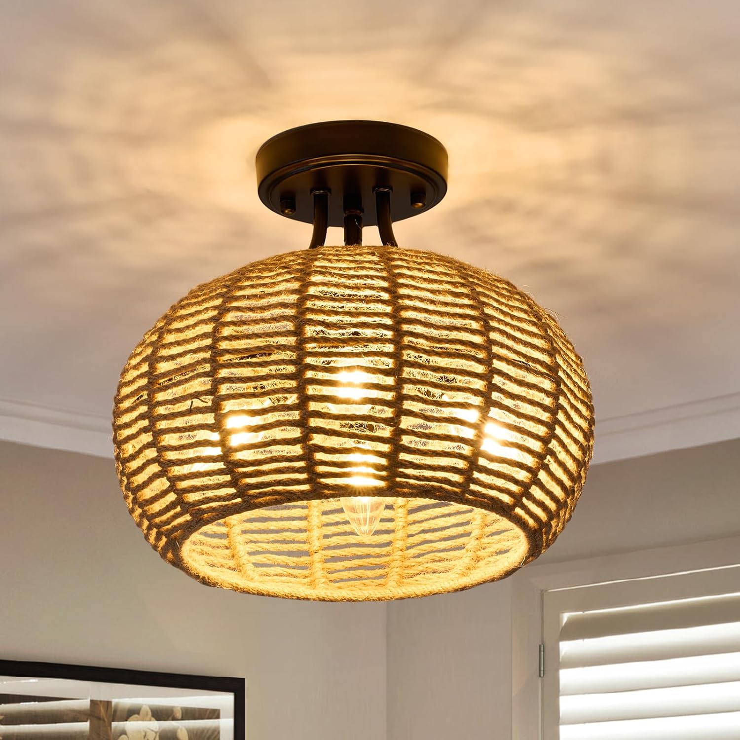 XSDeTu Boho Light Fixtures Ceiling Mount, 4-Light Farmhouse Hemp Rope ...