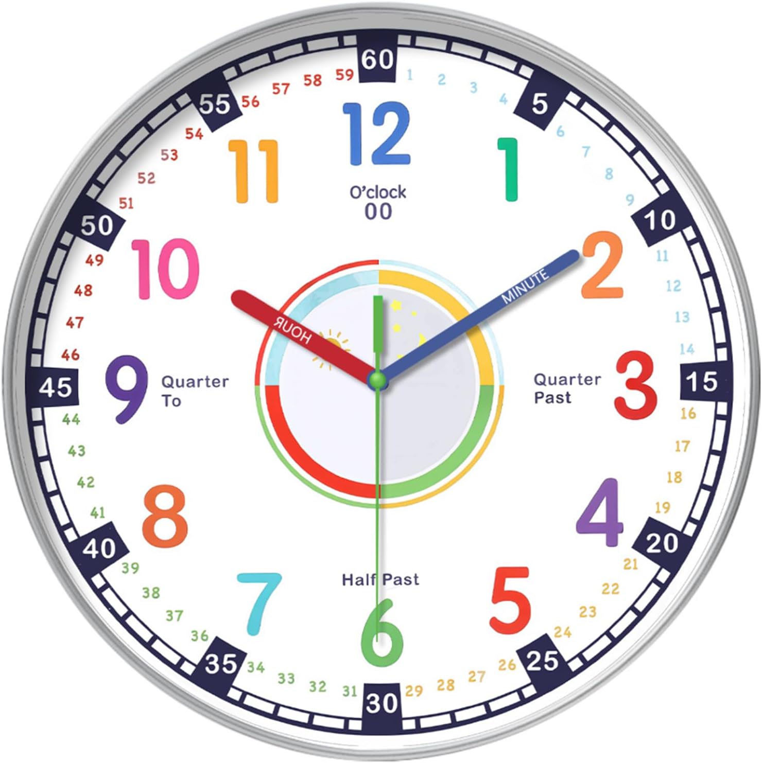 Ulsam Kids Wall Clock for Bedroom, 10 Inch Silent Non-Ticking Learning ...