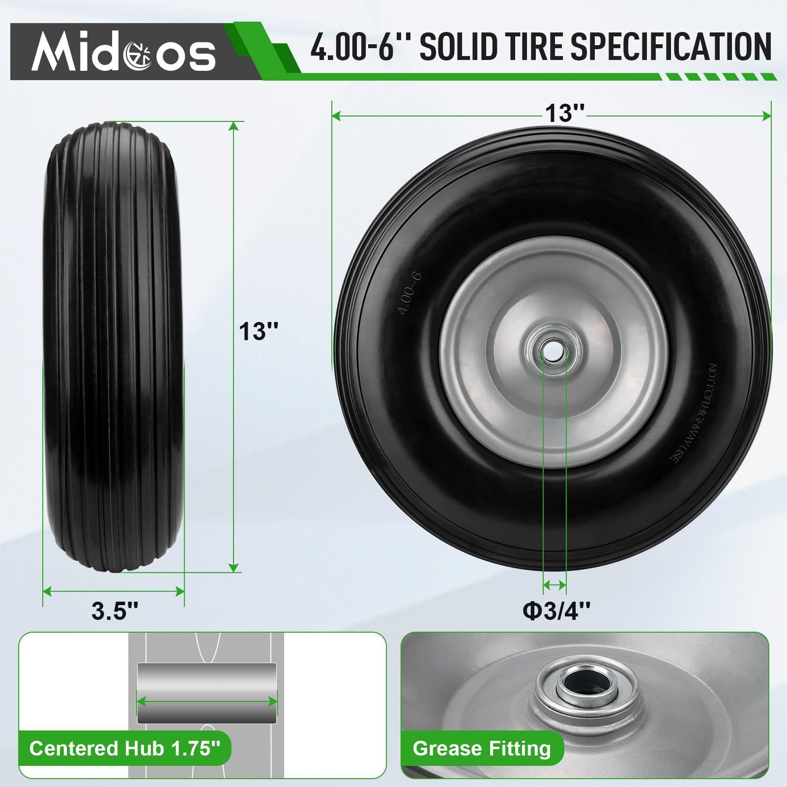 2 Pack 4.00-6 Tire Flat Free, 13 Inch Wheelbarrow Tires with 5/8" or 3/ ...