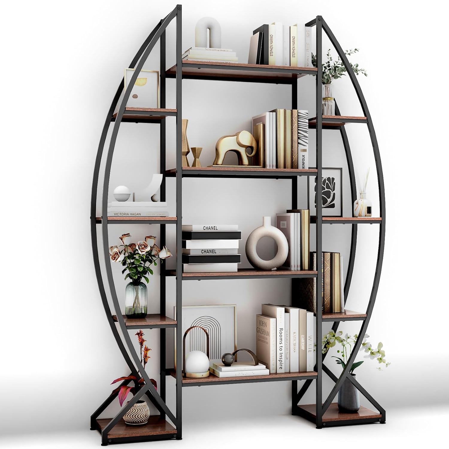 Amazon.com: Moozerka Oval Bookshelf 5 Tier Industrial Bookcases, Free ...