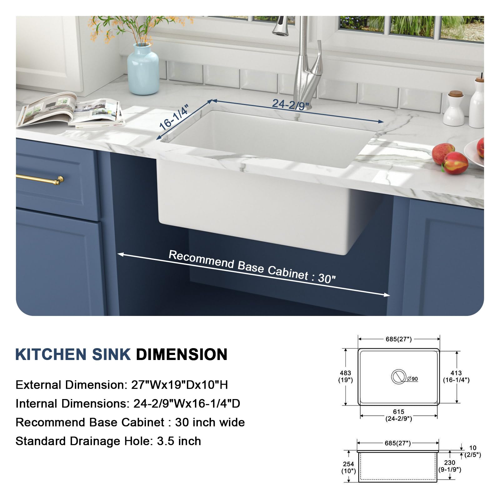 Snapklik.com : Farmhouse Sink 24 Inch White Kitchen Sinks 24" X 18 ...
