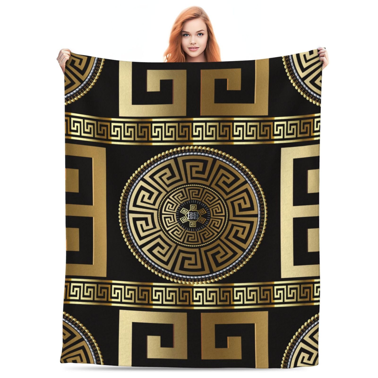 Amazon.com: Black Gold Greek Key Blanket, Geometric Retro Flannel ...