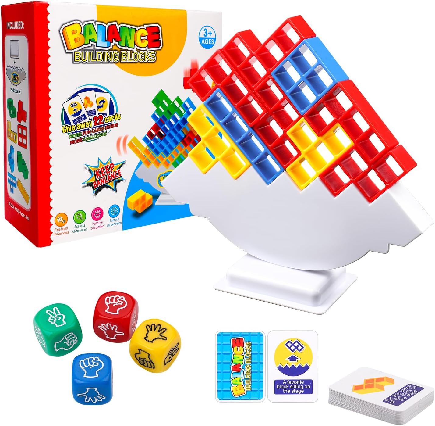 64pcs Tower Stacking Game, Fine Motor Balance Board Game with 4 Dice ...