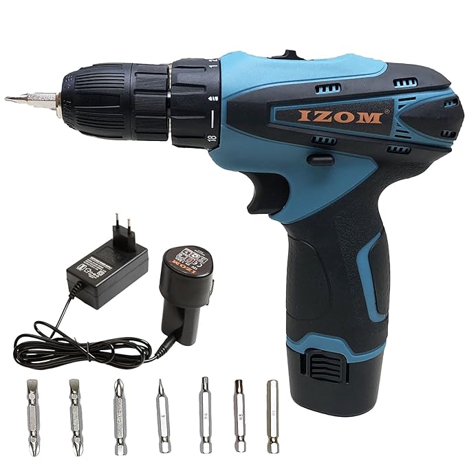 IZOM 12V Cordless Drill Machine Set 10 Pcs, 1350 RPM, 10mm Keyless ...