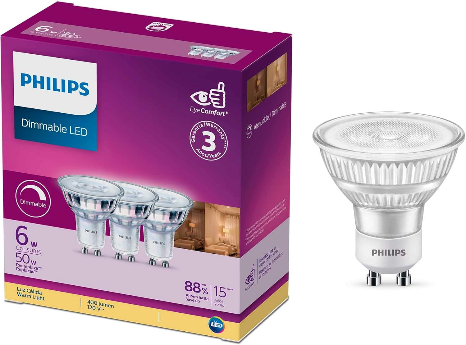 Philips LED 3 Focos LED 6W luz cálida : Amazon.com.mx: Hogar y Cocina