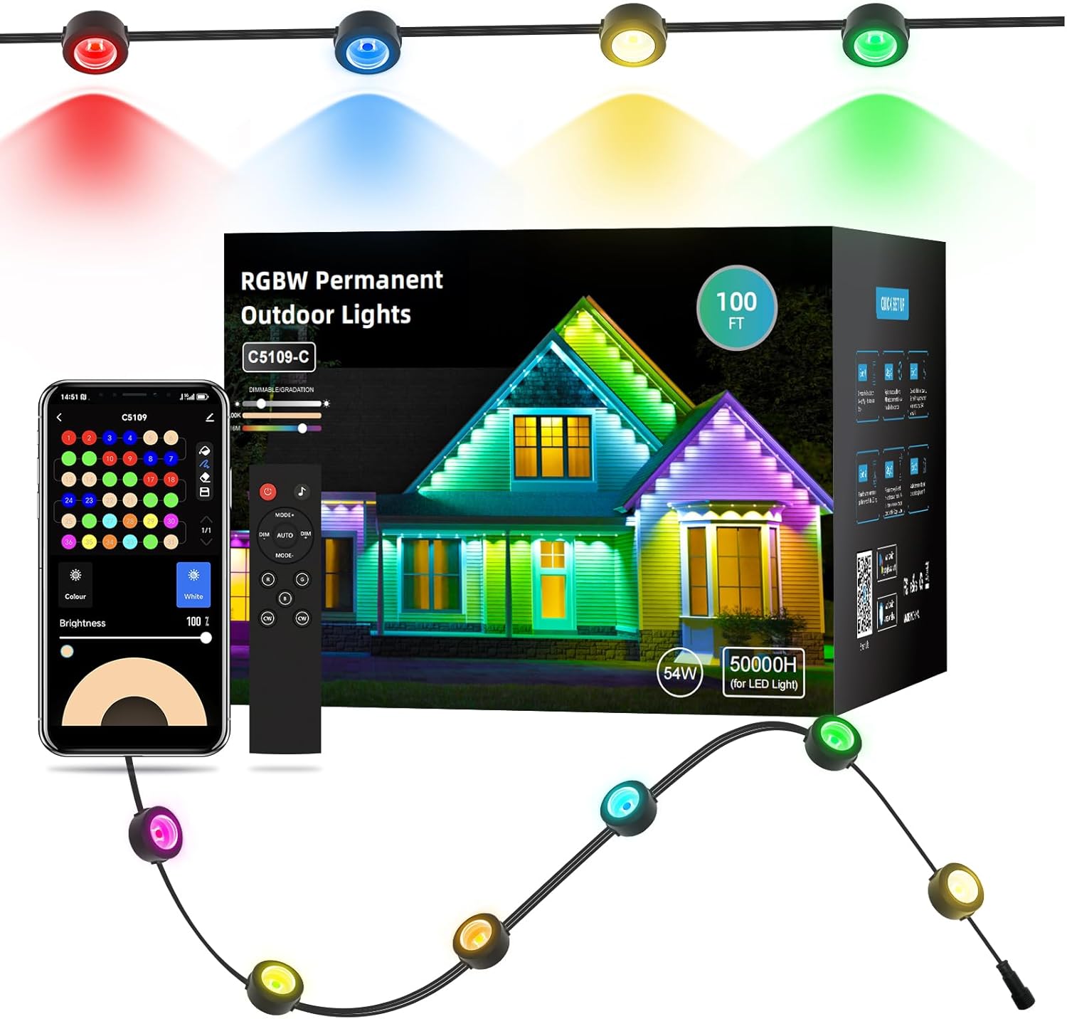 APPECK Permanent Outdoor Lights 100ft with 72 LEDs, DIY Scene Modes ...