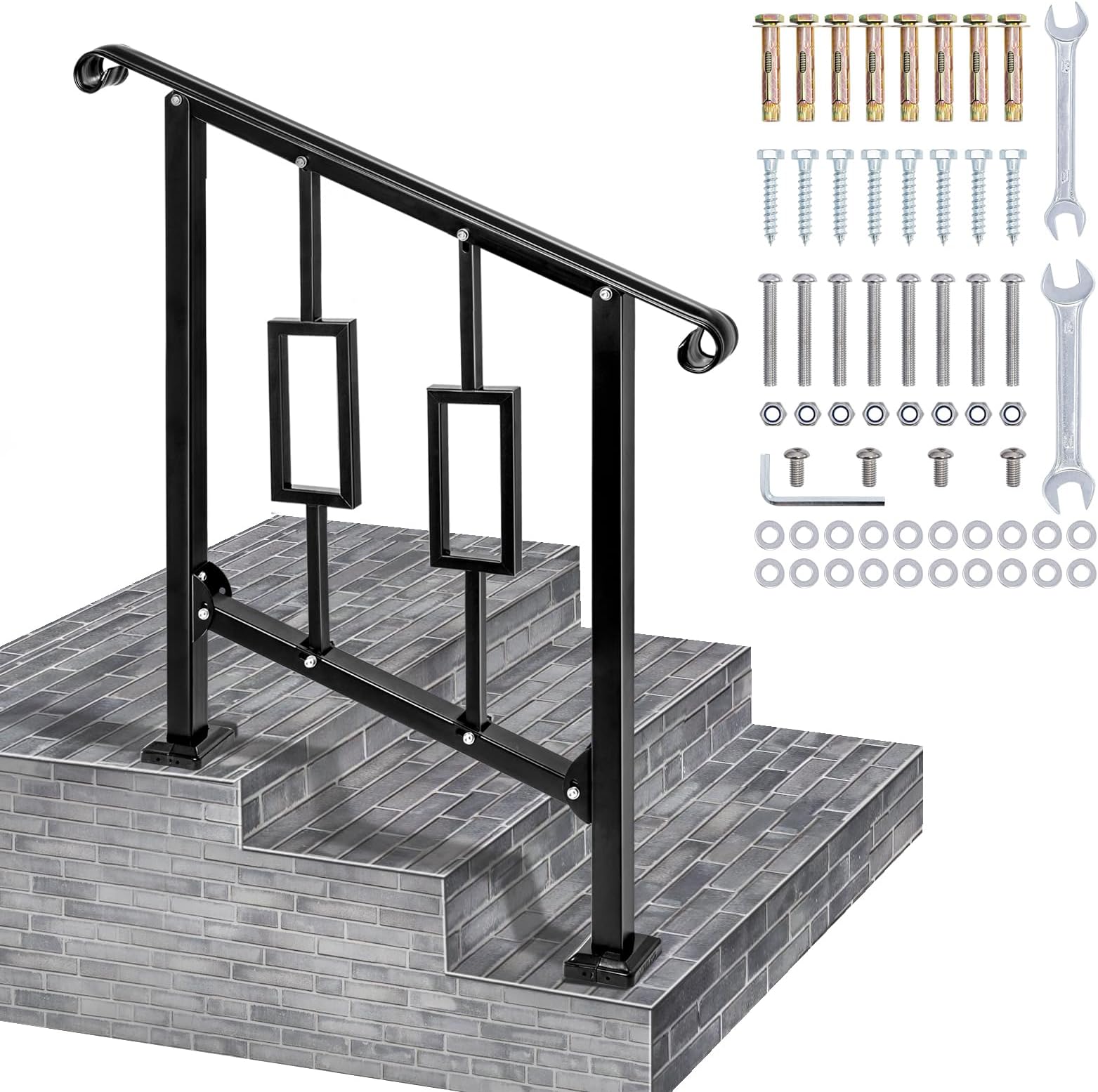 VEVOR Wrought Iron Handrail, Fit 1 or 2 Steps Outdoor Stair Railing ...