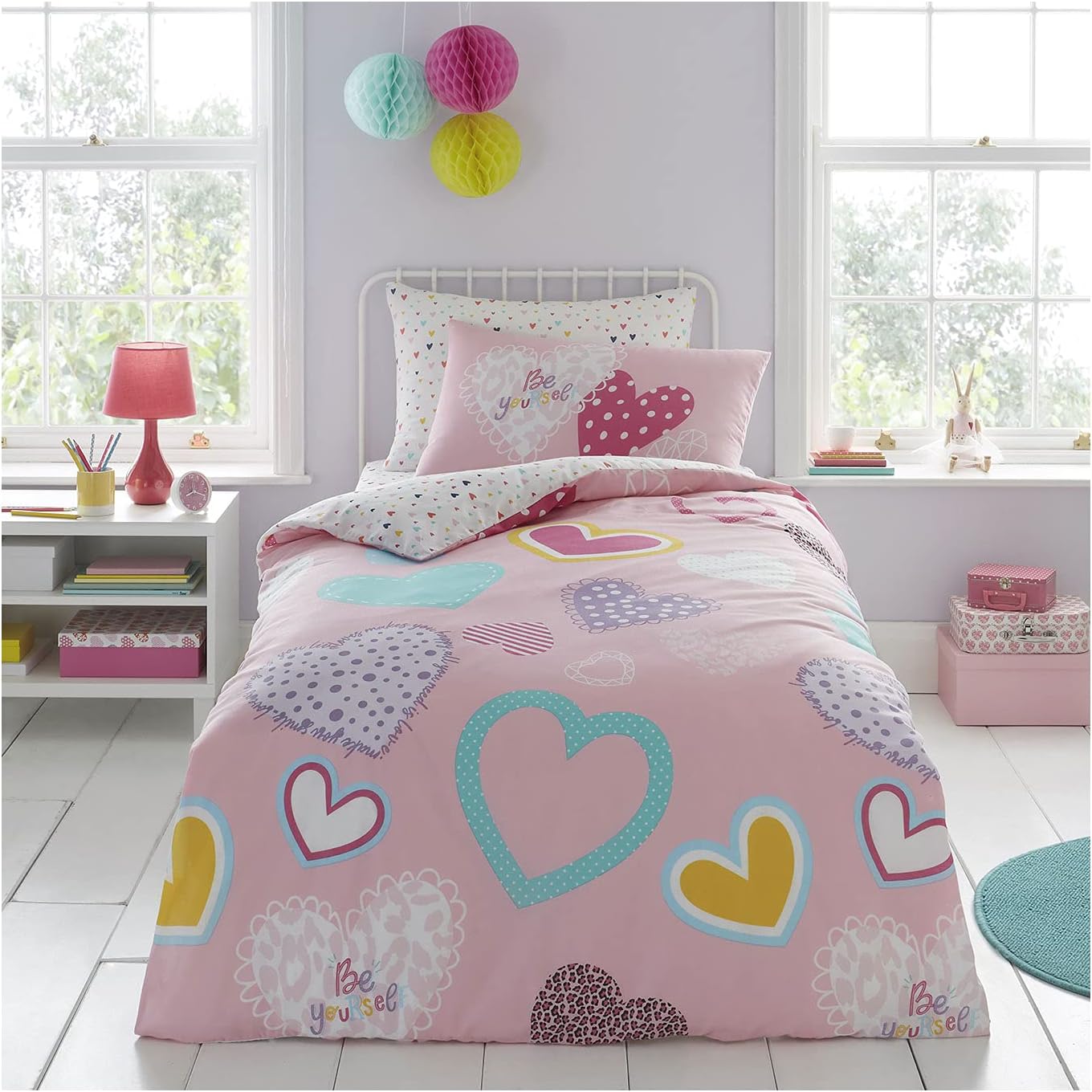 FAIRWAYUK Girls Bedding Set - Love Hearts Kids Single Duvet Cover Set ...