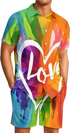 Amazon.com: Sipumia Men's Hawaiian Shirt and Shorts Set LGBT Rainbow ...