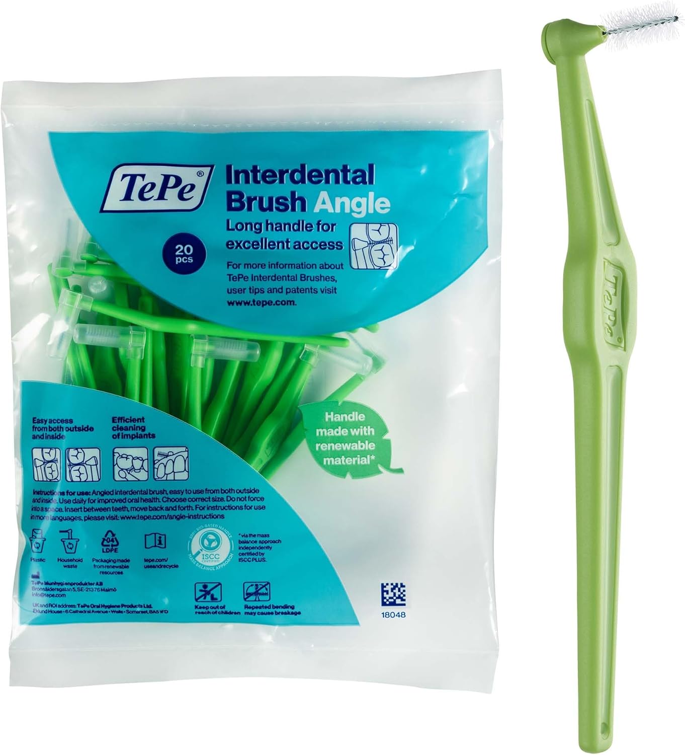 TePe Interdental Brush Angle, Green, 0.8mm/ISO 5, 20pcs, Plaque Remover ...