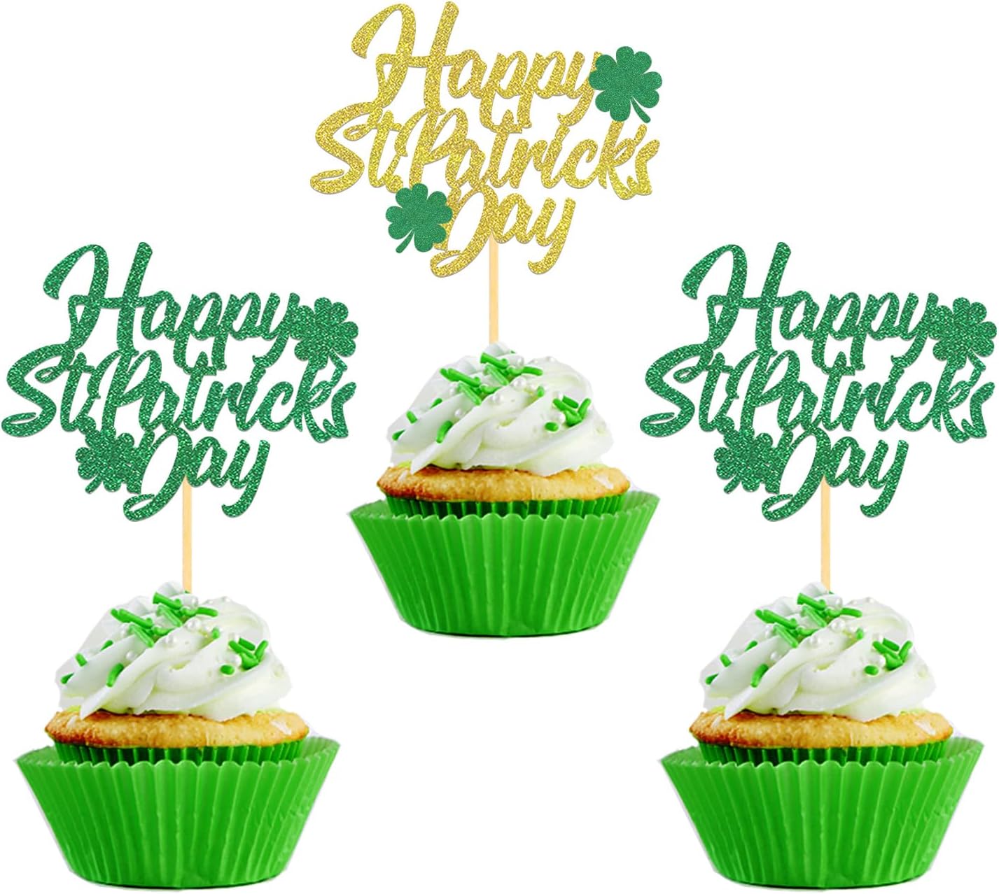 Amazon.com: 24 Pcs Happy St Patrick's Day Cupcake Toppers, Four Leaf ...
