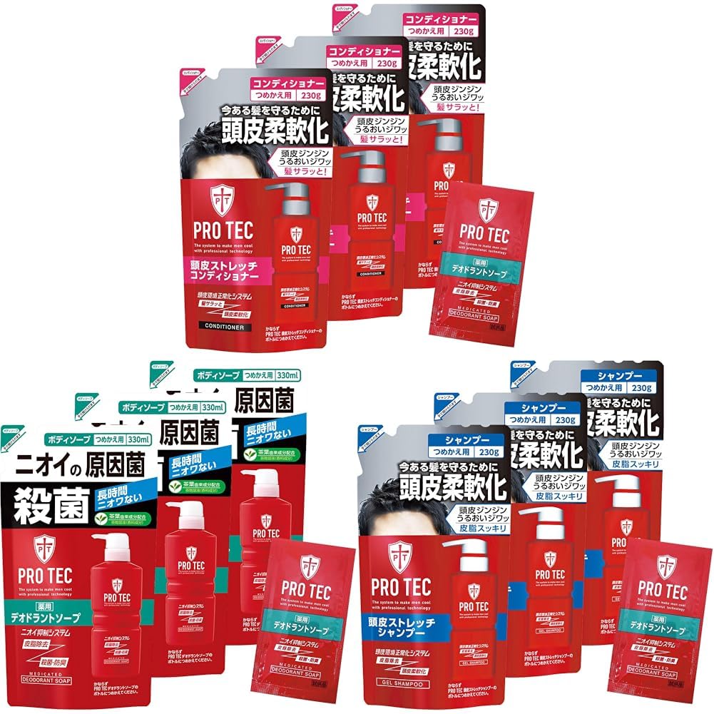 Amazon | 【セット買い】PRO TEC(プロテク) 頭皮ストレッチ コンディショナー 詰替え用 230g×3個+デオドラントソープ1回分おまけ付 + PRO TEC(プロテク ...
