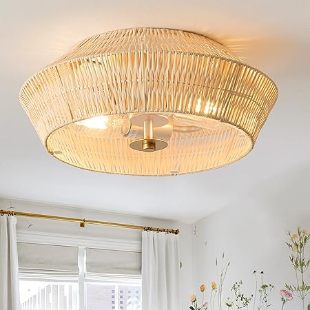 LMLAITE Semi Flush Mount Ceiling Light, Boho Coastal Handwoven Rattan Wicker Cage Retro Rustic ...