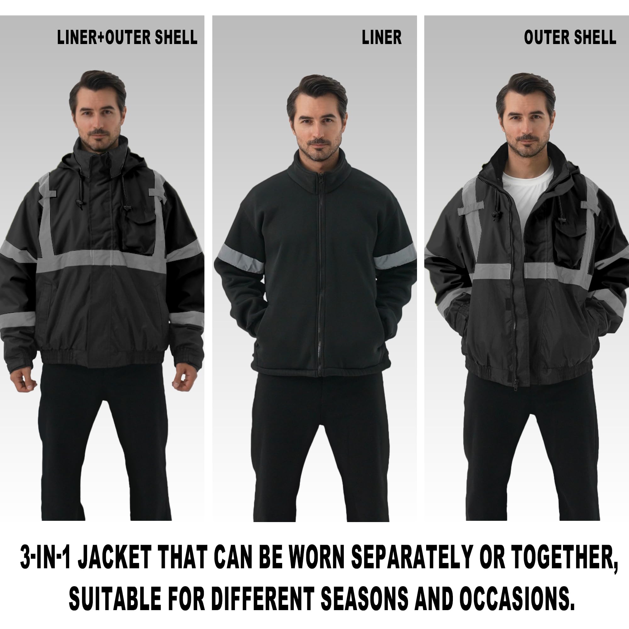 Snapklik.com : 3 In 1 Safety jacket,Reflective High Visibility Hooded ...