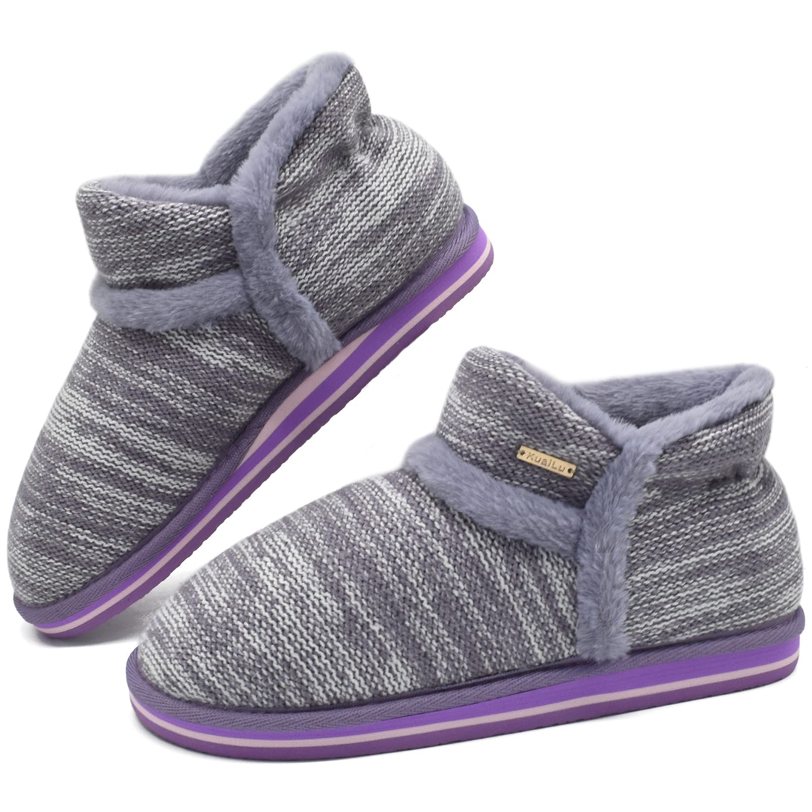 KuaiLu Womens Fluffy Knitted Boot Slippers Ladies Cosy Memory Foam Warm ...