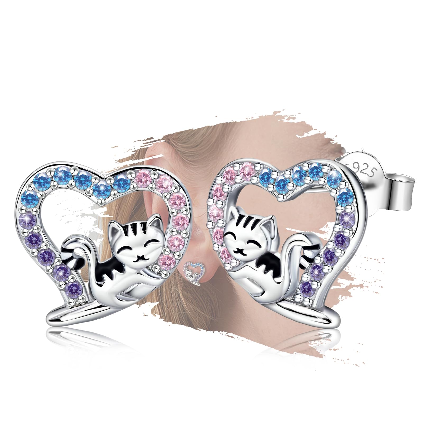 Amazon.com: Silver Cute Cat Stud Earrings - Sterling Silver Hypoallergenic Cubic Zirconia Heart ...