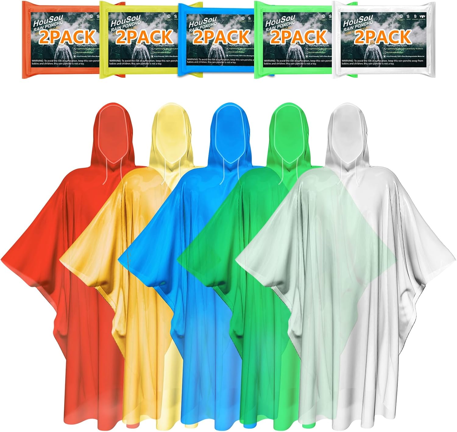 Amazon.com: HouSou Disposable Rain Ponchos for Adult, 10 Pack 5 Rainbow ...