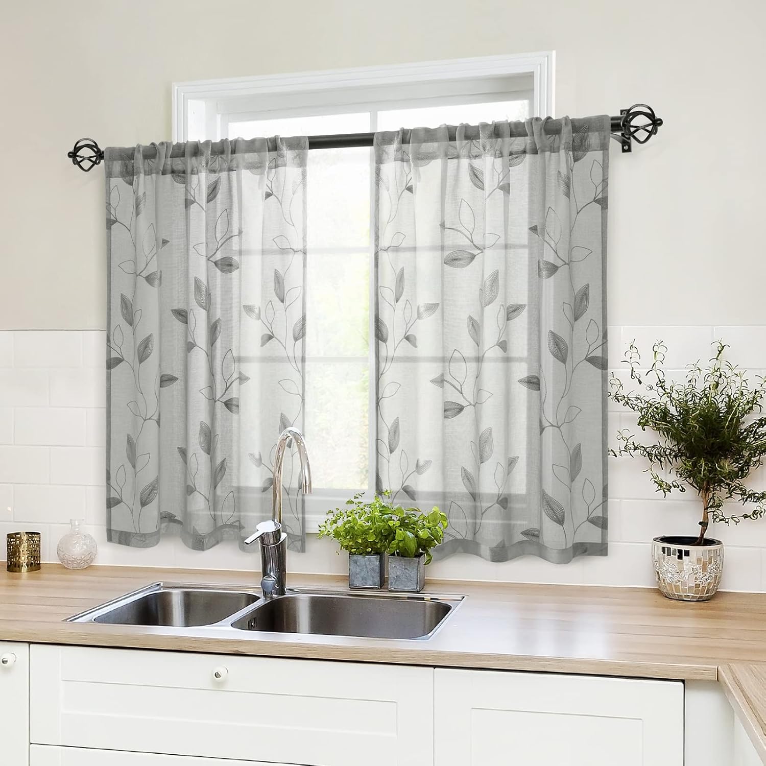 Amazon.com: HOMEIDEAS Grey Sheer Kitchen Curtains 30 X 36 Inch Length 2 ...