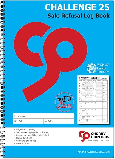 Cherry Challenge 25 Sale/Alcohol Refusal Log Book A4 50page 120gsm ...