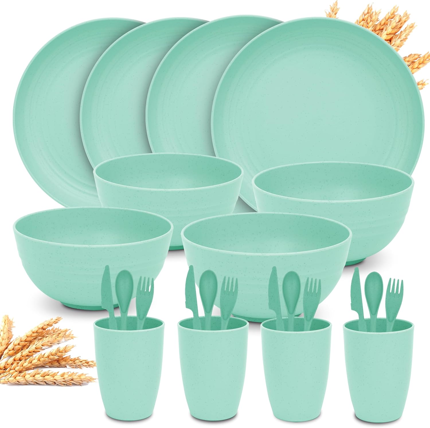 24pc Wheat Straw Dinnerware Sets for 4 Lightweight & Unbreakable Dishes ...