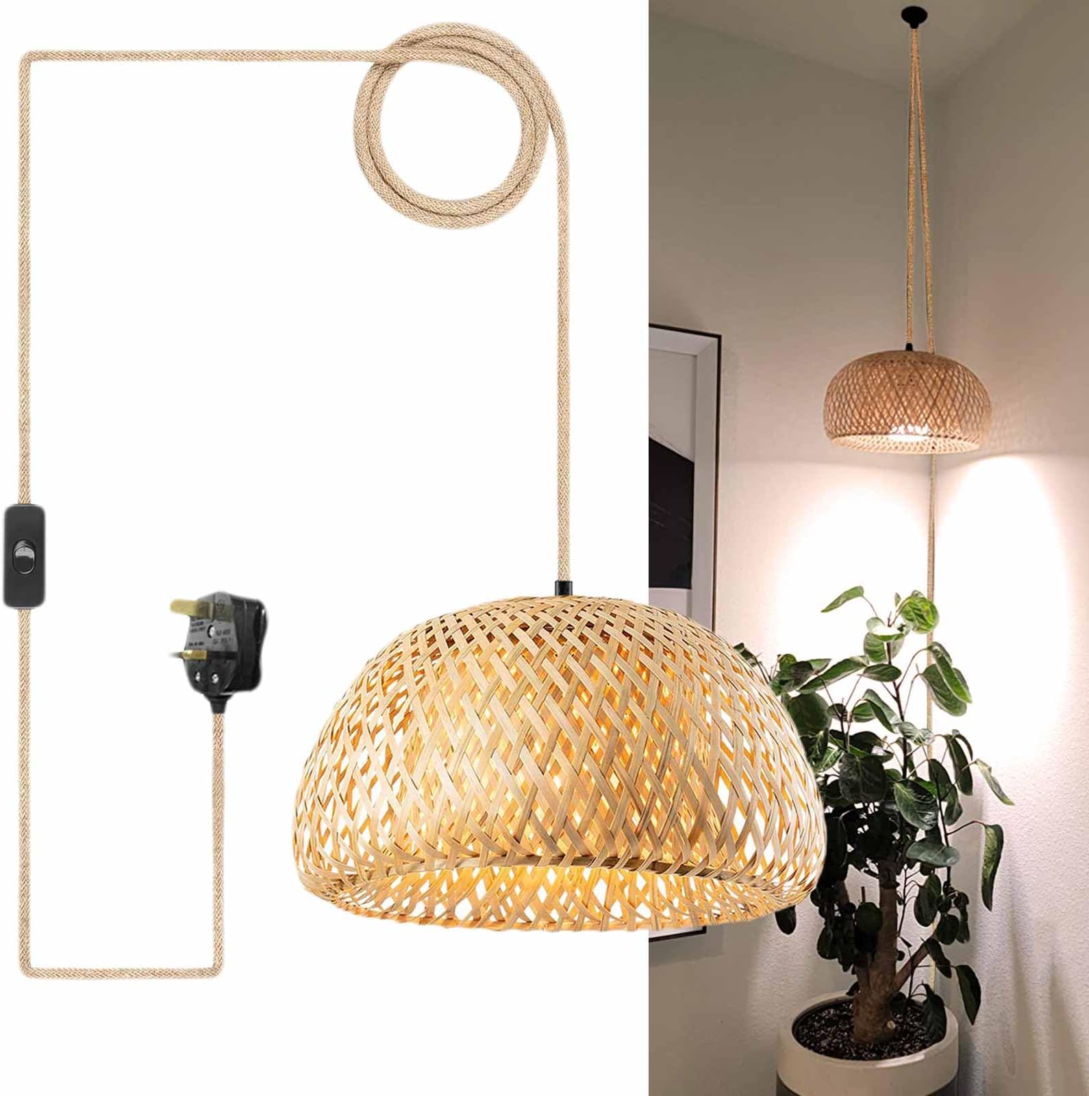 3m Rattan Plug-in Pendant Light with Twisted Hemp Rope Cord Bamboo ...