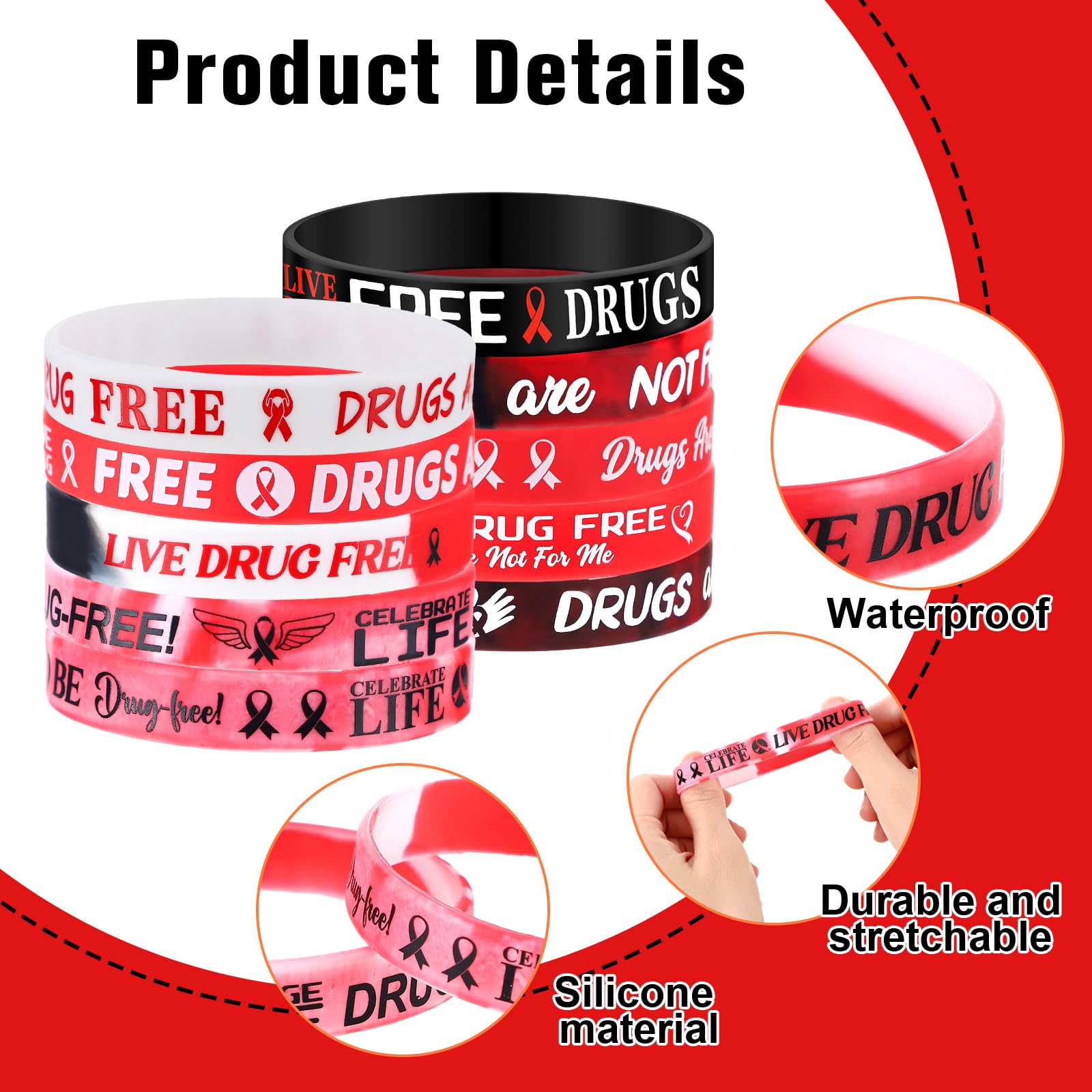 Snapklik.com : 400 Pcs Drug Free Wristbands Red Ribbon Awareness ...