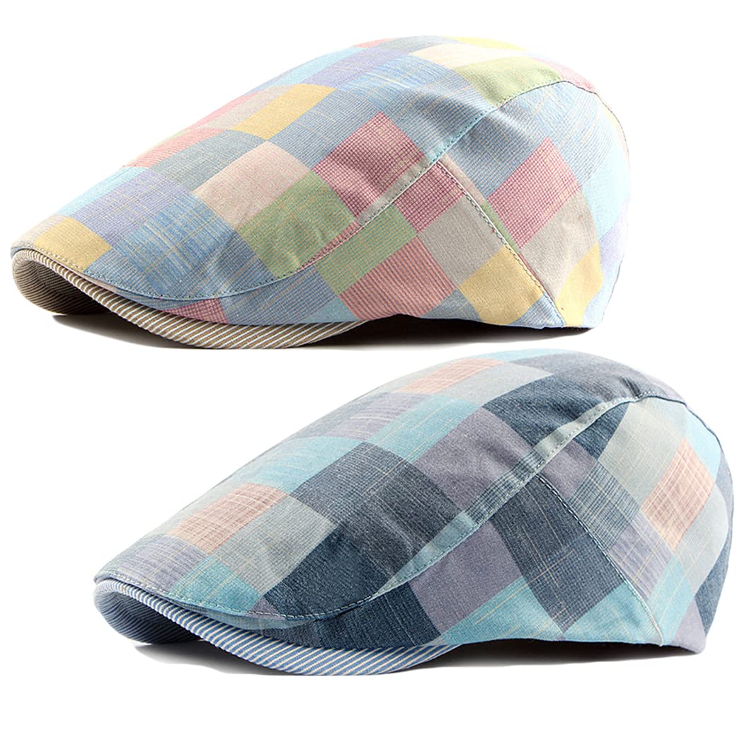 2 Pack Men's Newsboy Flat Cap Adjustable Plaid Ivy Gatsby Cabbie ...
