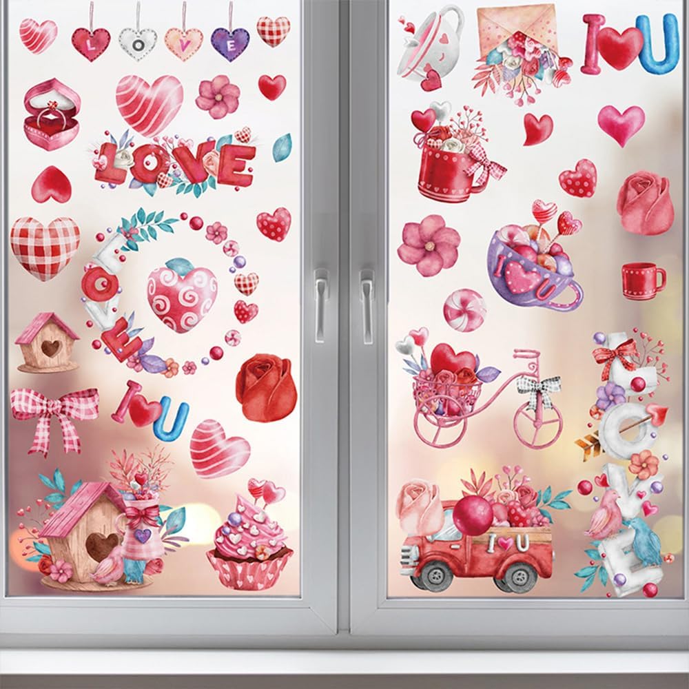 Amazon.com: Valentine's Day Window Clings, 9 Sheets Love Heart Flower ...