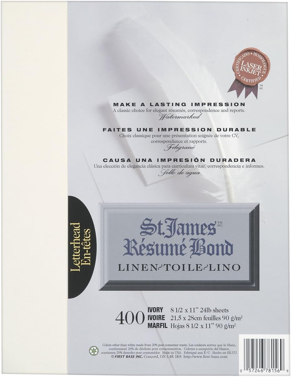 St. James Resume Bond, Linen, Ivory, Pack of 400 Sheets : Amazon.ca ...
