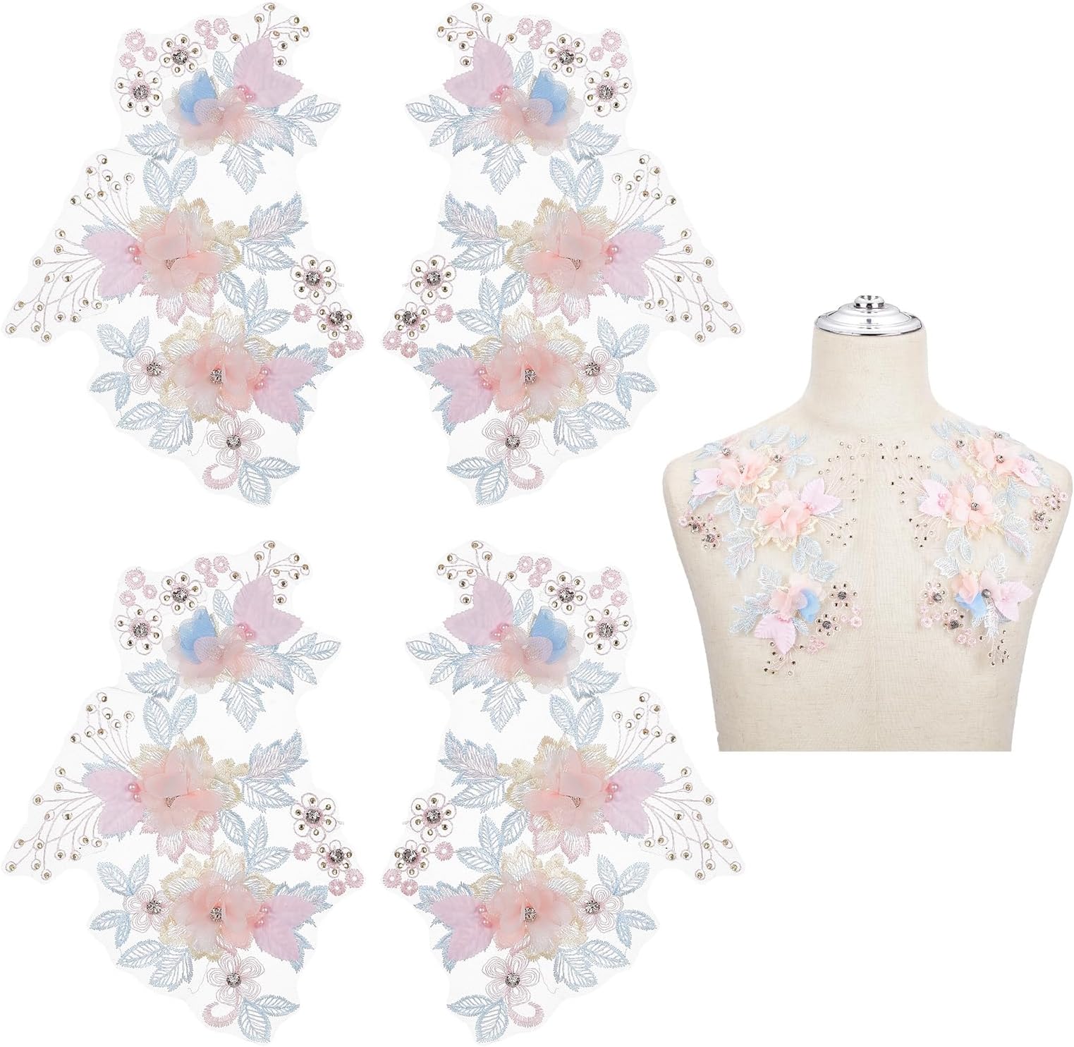 PLIGREAT 4 Pcs Floral Embroidery Applique Beaded Rhinestone Pink ...