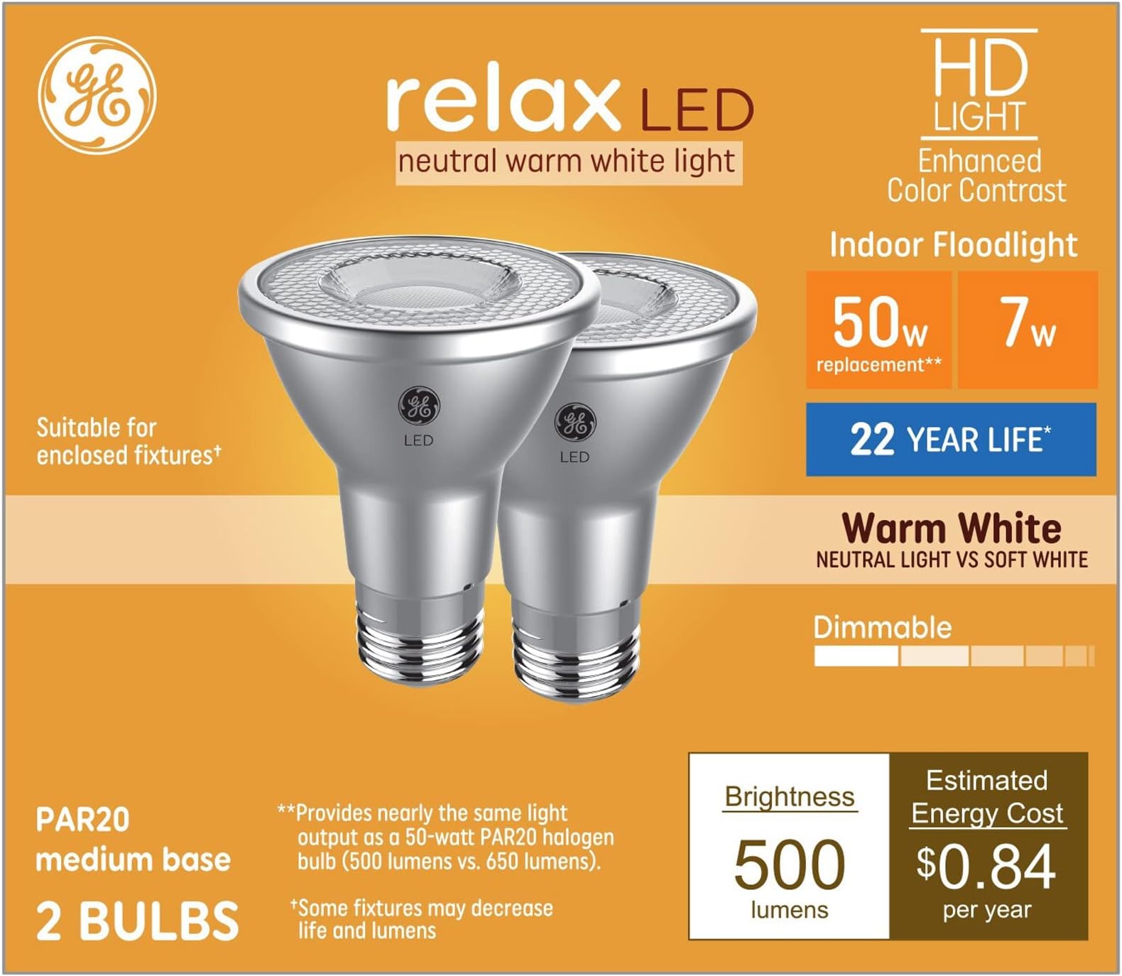GE Relax HD 50-Watt EQ LED Par20 Warm White Medium Base (e-26) Dimmable ...