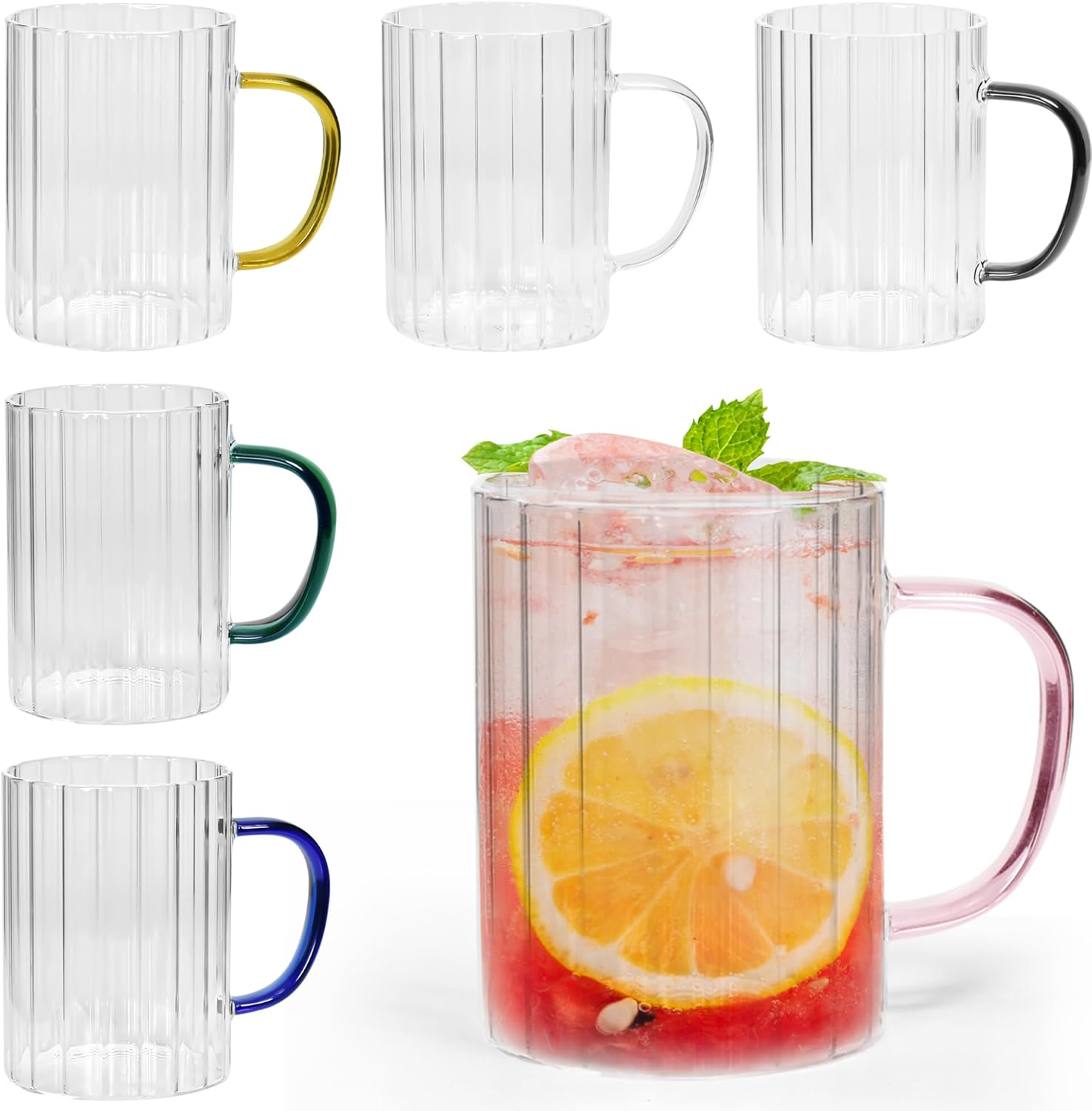 Amazon.com: Icesip Glass Coffee Mugs Set of 6-16oz Ribbed Drinking ...