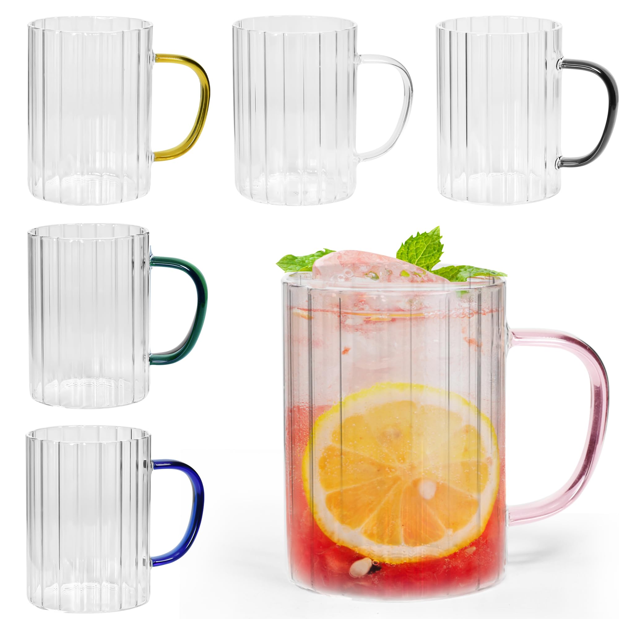 Amazon.com: Icesip Glass Coffee Mugs Set of 6-16oz Ribbed Drinking ...