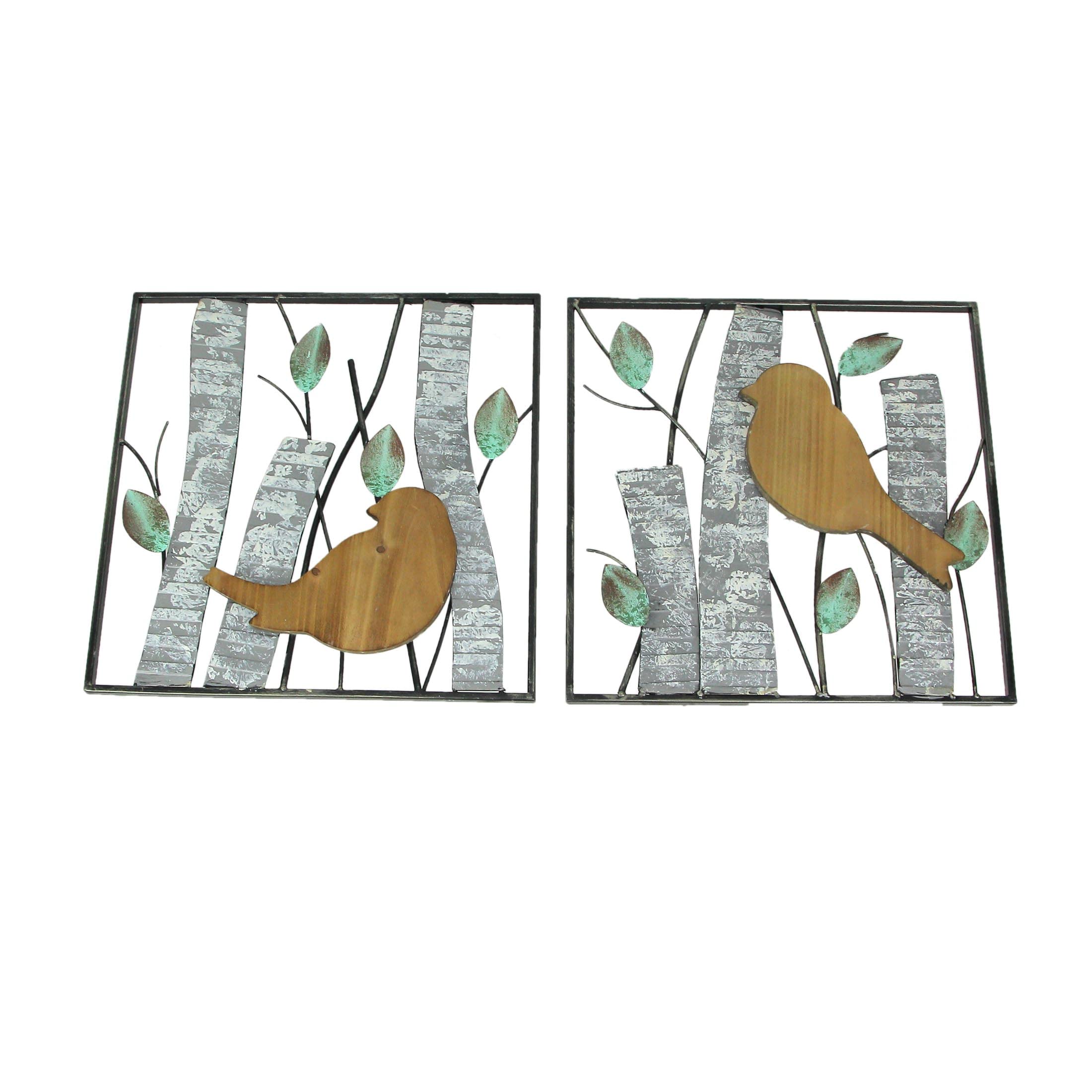 Amazon.com: Set of 2 Rustic Wood & Metal Bird-Themed Wall Sculptures ...