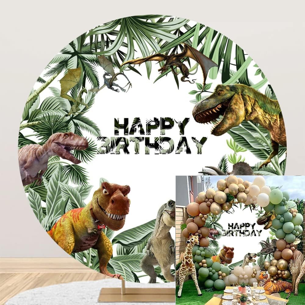 Amazon.com : OERJU 7.2x7.2ft Dinosaur Birthday Round Backdrop Dinosaur ...